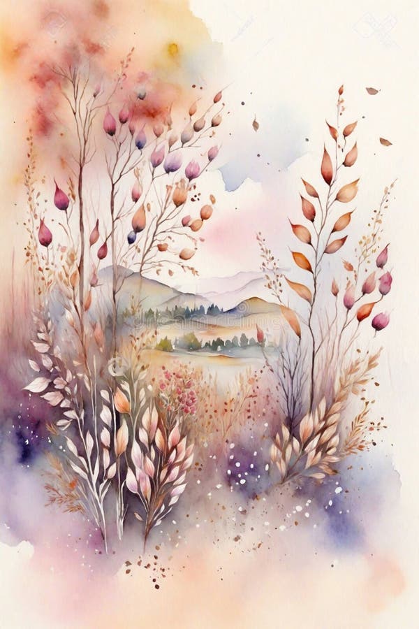 Delicate Landscape Boho Watercolor Wild Flowers Stock Illustration ...