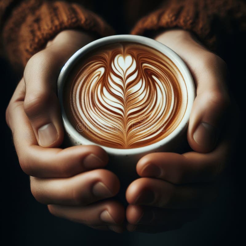 Latte Patterns on a Held Cup of Warm Coffee Stock Illustration ...