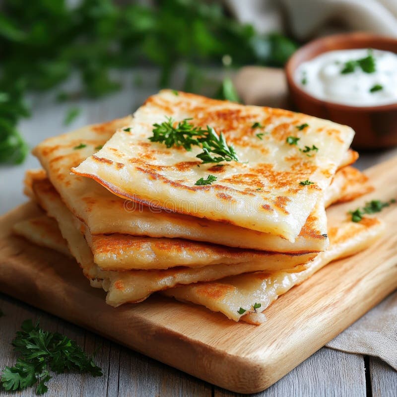 Delicate Layers of Flatbread Served with Creamy Dip in a Rustic Kitchen ...