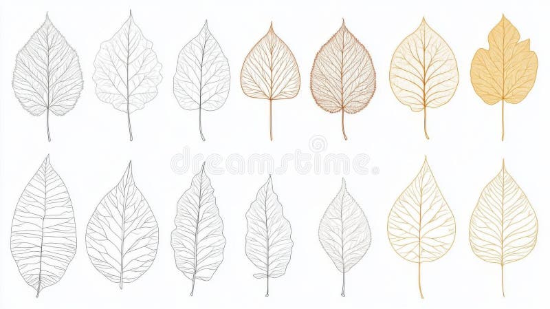 Delicate Leaf Veins, a Detailed Collection of Outline Sketches Stock ...