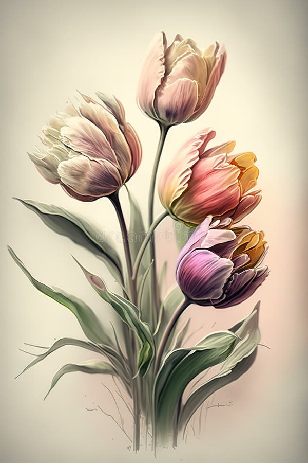 Delicate Light Tulips, Drawing Vintage Style. Vertical Image ...