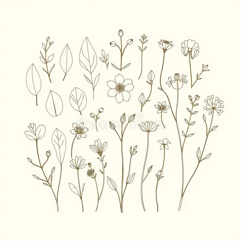 A Delicate Line Art Illustration Featuring Various Botanical Elements ...
