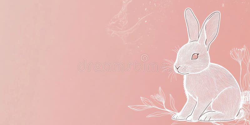 Delicate Line Art of a Rabbit with Floral Elements on Pastel Background ...