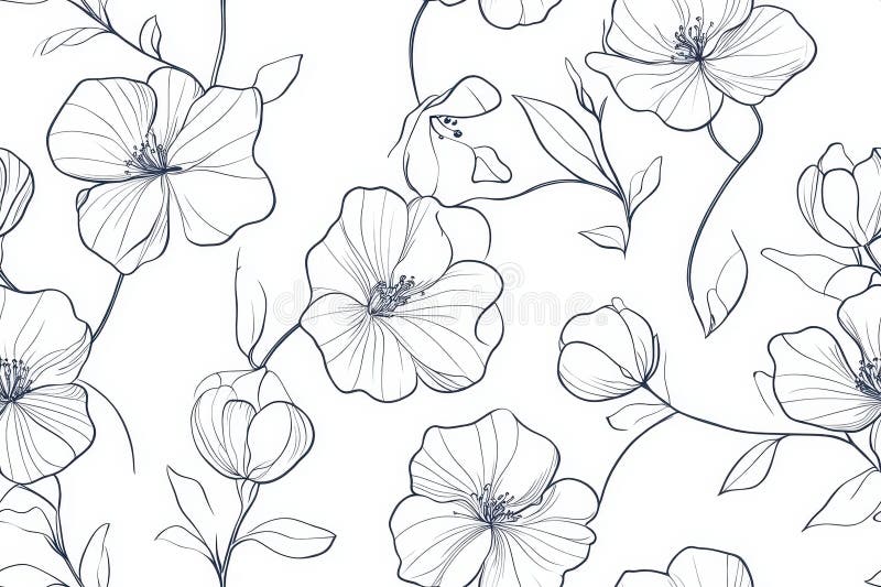 A Delicate Line Drawing of Flowers and Leaves on a White Background ...