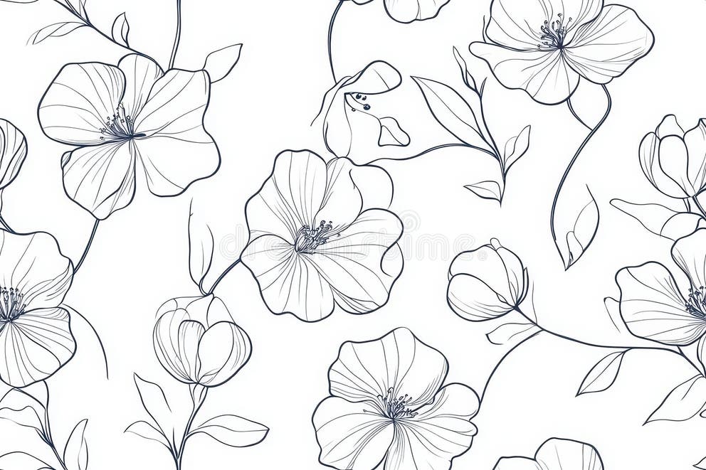 A Delicate Line Drawing of Flowers and Leaves on a White Background ...