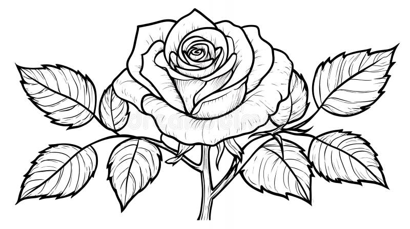 A Delicate Line Drawing of a Rose with Leaves Stock Illustration ...