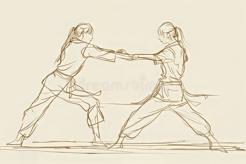 Delicate Line Drawing of Two Sisters Practicing Martial Arts Stock ...