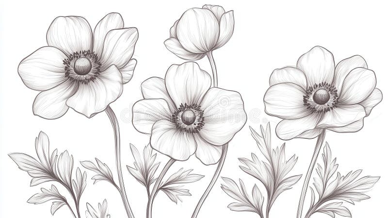 A Delicate Line Drawing of White Flowers with Detailed Petals and ...