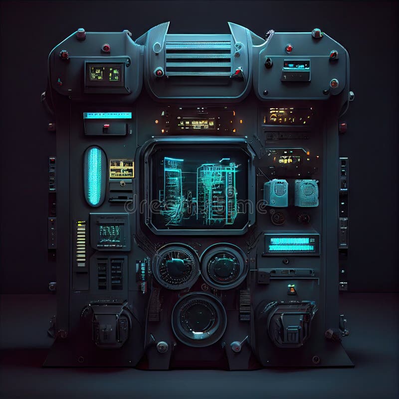 Delicate Machines and Control Panel in Dark Room of Sci-fi Futuristic ...