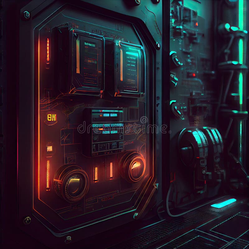 Delicate Machines and Control Panel in Dark Room of Sci-fi Futuristic ...