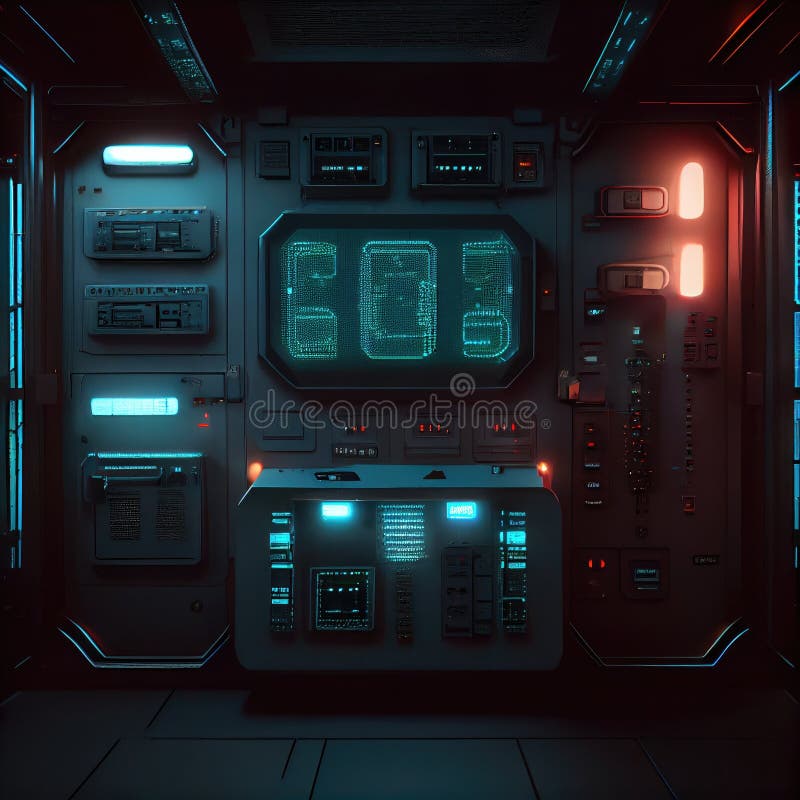Delicate Machines and Control Panel in Dark Room of Sci-fi Futuristic ...
