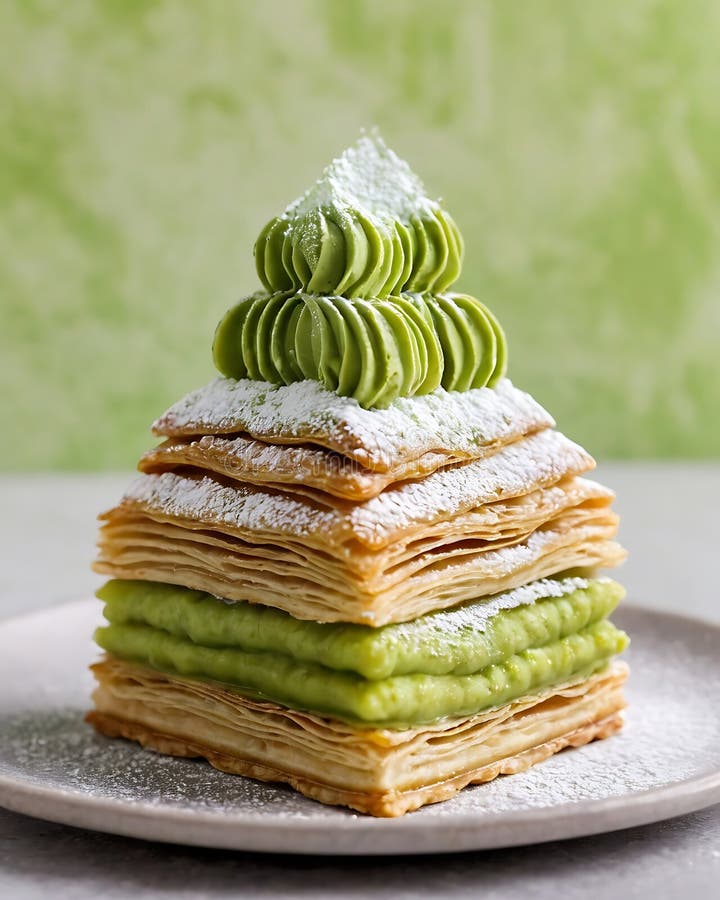 Delicate Matcha Mille-feuille Pastry with Cream Layers and Sugar ...