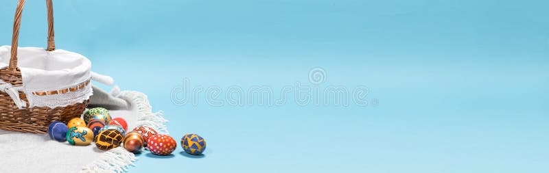 Delicate Minimalist Easter Long Banner a Wicker Basket and Painted Eggs ...