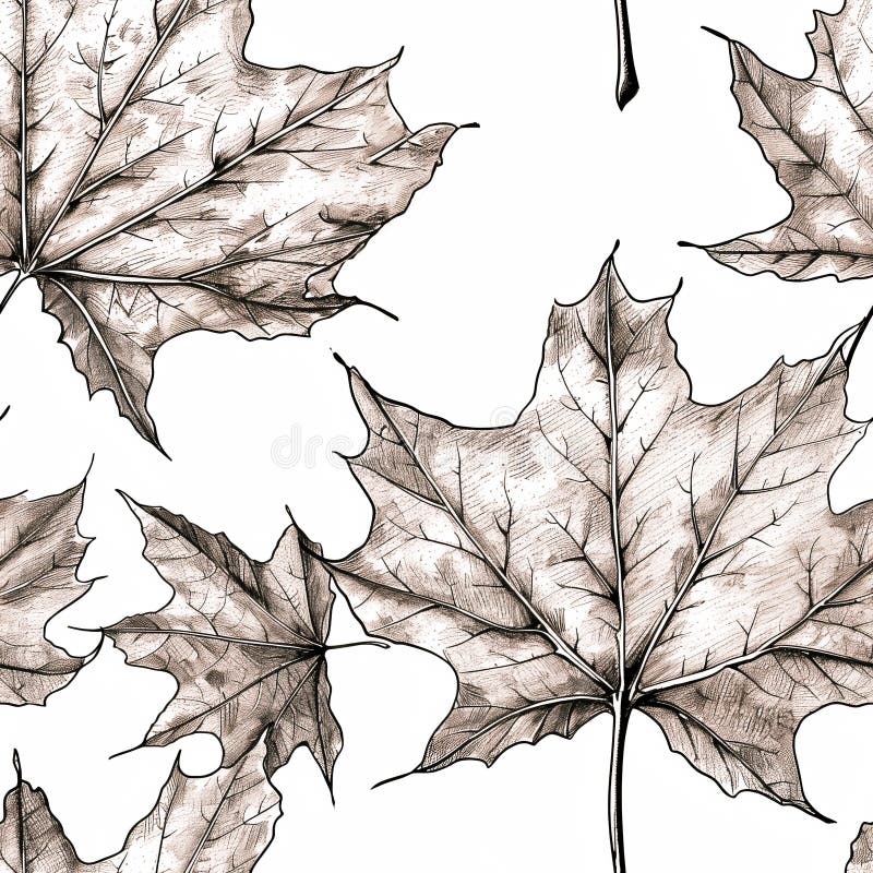 Delicate Monochrome Maple Leaf Sketch Seamless Pattern with Detailed ...