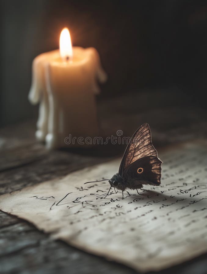 Delicate Moth Rests on Aged Paper Near Flickering Candlelight in a Dim ...