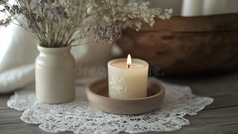 A Delicate, Neutral-toned Setting with a Simple Candle and Lace Doily ...