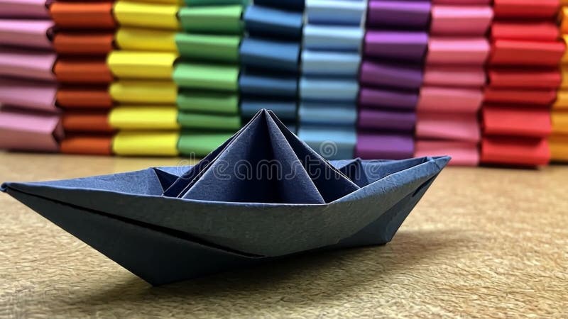 Colorful Origami Boat in Front of Stacked Rainbow Paper Representing ...