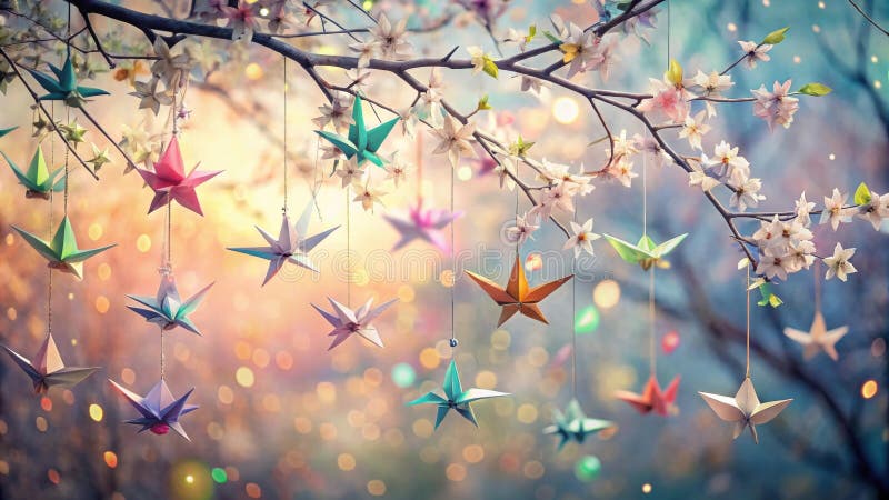 Delicate Origami Stars Hanging from Blossoming Branches in a Soft ...