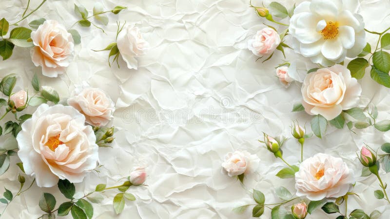 Delicate Pale Roses Arranged on Crumpled Paper Background Stock ...