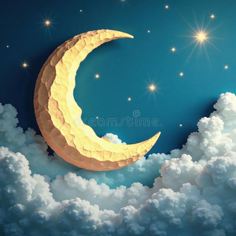 Delicate Paper Moon, Wispy Clouds, Twinkling Stars , Vintage, Bright ...