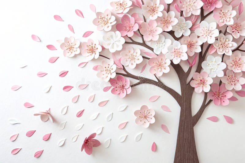 A Delicate Papercraft Blossom Tree with Falling Petals on a White ...
