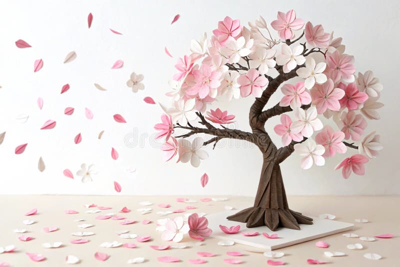 A Delicate Papercraft Blossom Tree with Falling Petals on a White ...