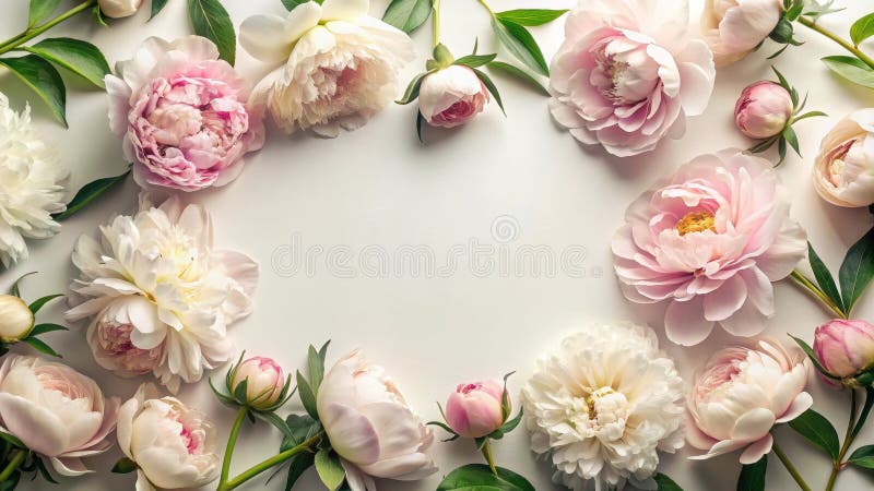 Delicate Pastel Peonies and Buds Arranged in a Frame on White ...