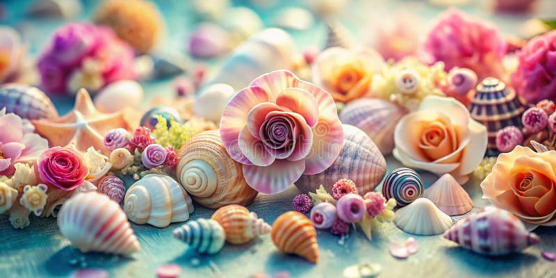 Delicate Pastel Seashell and Floral Miniature Illustration a TiltShift ...