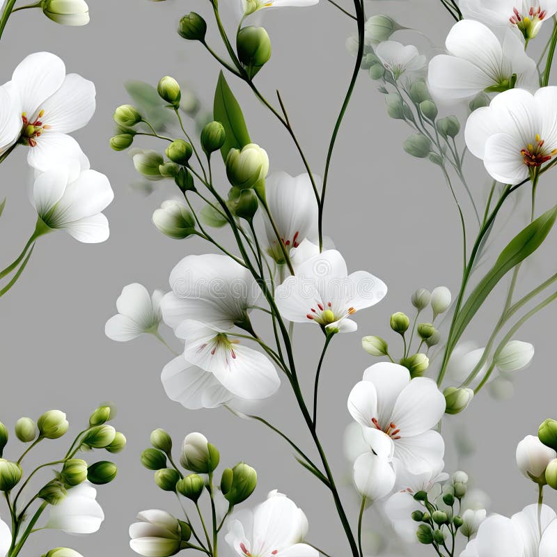 Delicate Pattern Features White Flowers Scattered on a Grey Background ...