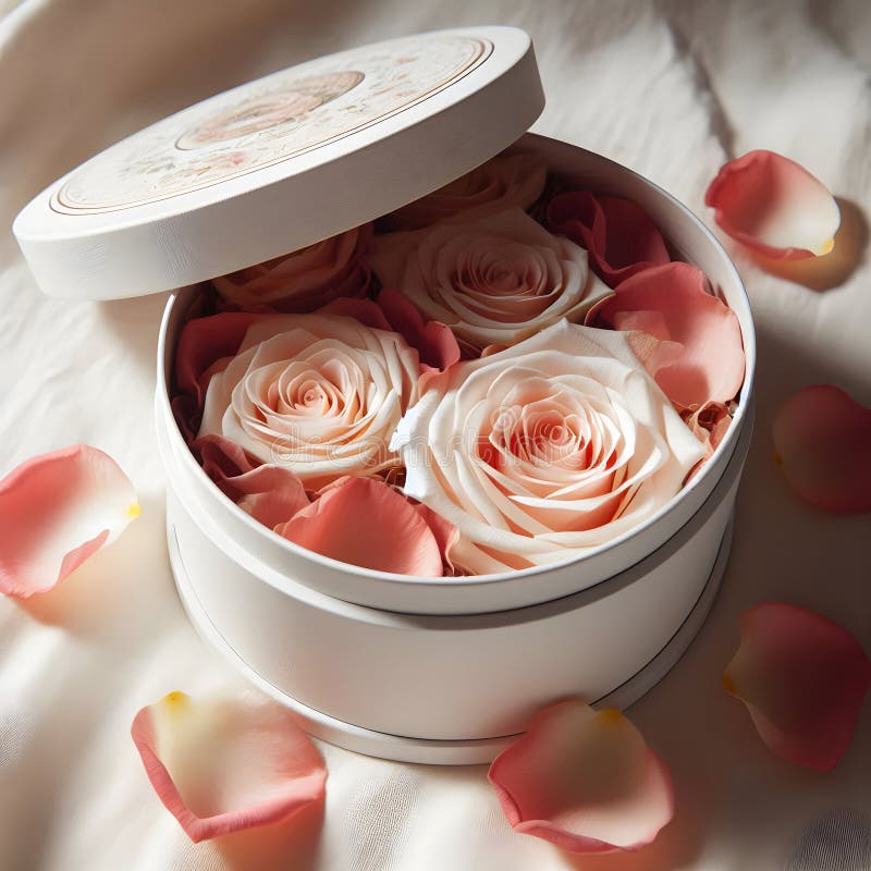 Delicate Peach Roses and Petals Arranged in Round White Gift Box Stock ...