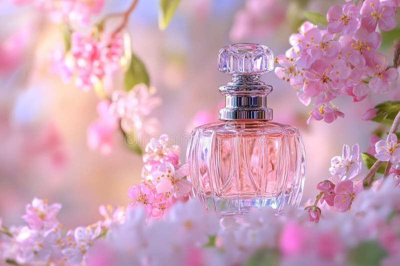 A Delicate Perfume Bottle Surrounded by Beautiful Pink Blossoms ...