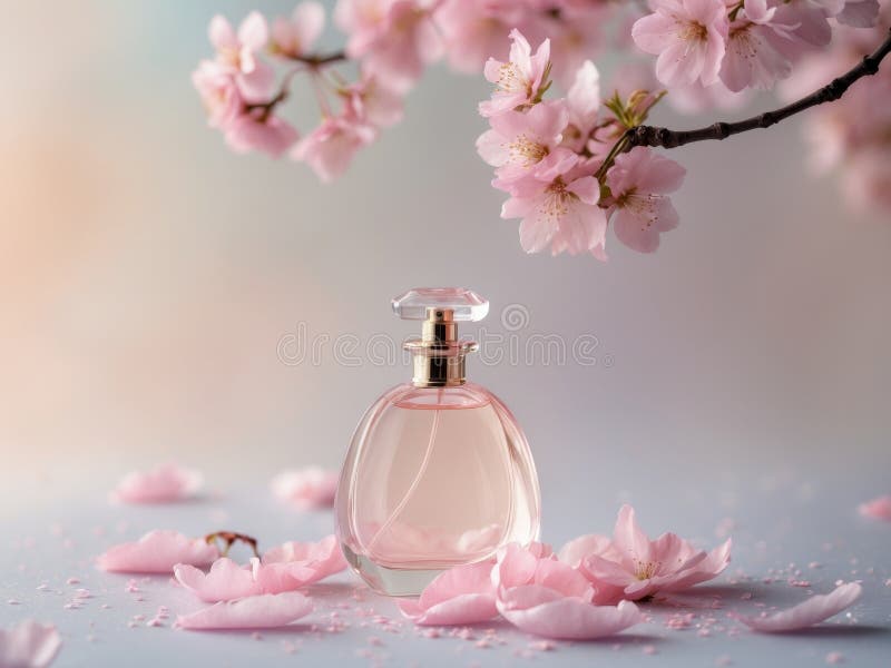 Delicate Perfume Bottle Surrounded by Cherry Blossom Petals on a Soft ...