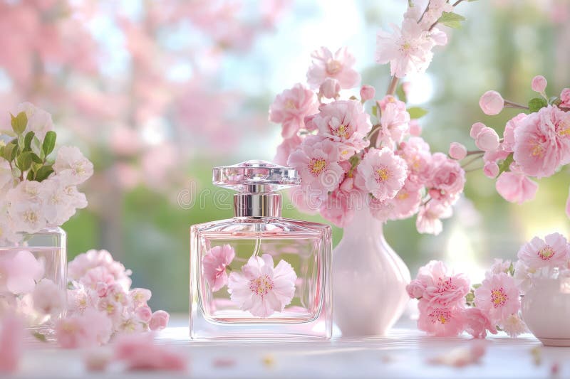 Delicate Perfume Bottle Surrounded by Pink Flowers, Capturing the ...