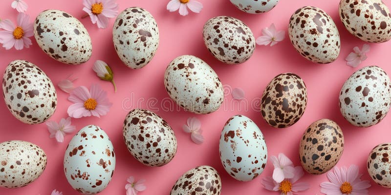 Delicate Pink Background with Quail Eggs and Spring Flowers Stock ...