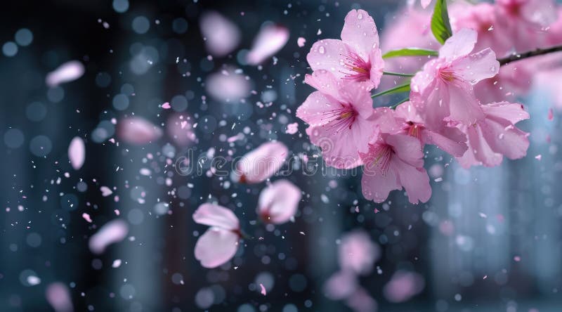 Delicate Pink Cherry Blossoms in the Rain Stock Illustration ...