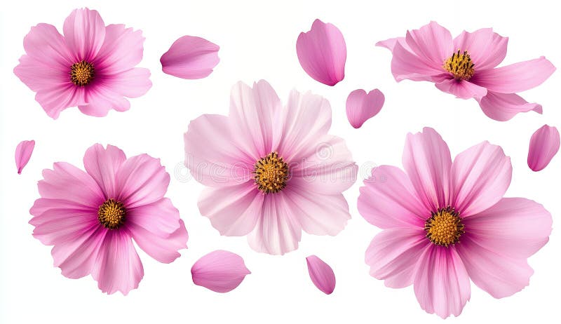 Delicate Pink Cosmos Flowers Floating Isolated on White Background ...