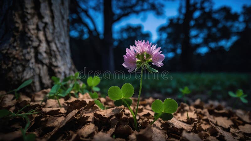 Pink Clover Flower Blooming in Forest at Night Stock Illustration ...