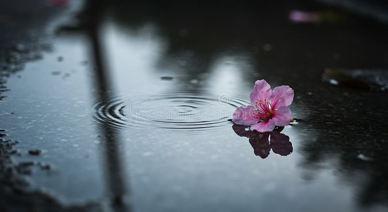 Pink Flower Floating in Puddle with Ripples Reflecting Subtle Details ...