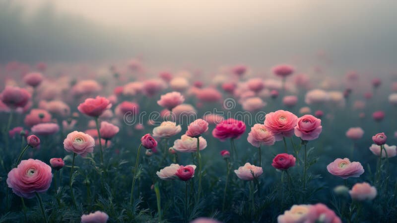 Delicate Pink Flowers in a Misty Field Stock Illustration ...