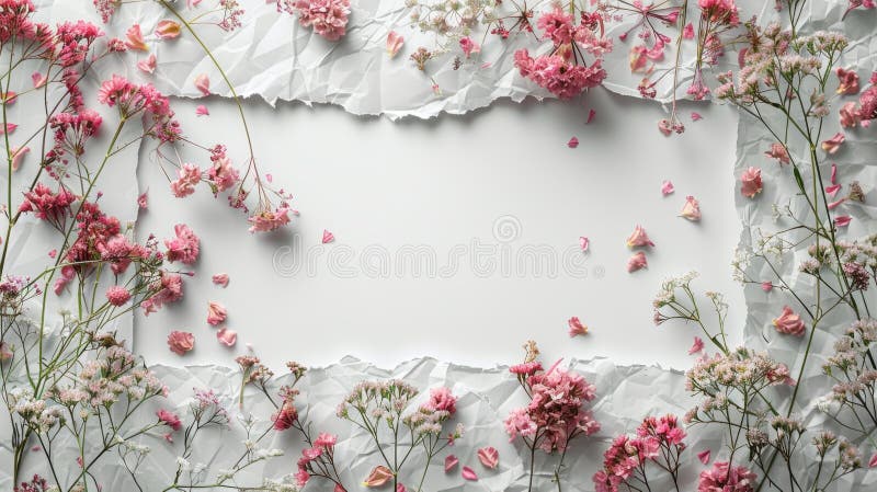 Delicate Pink Flowers Surrounding Torn Edged Paper on White Background ...