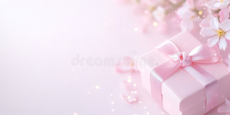 Delicate Pink Gift Box Ribbon Surrounded Cherry Blossoms Spring ...