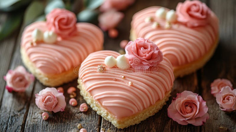 Delicate Pink Heart Shaped Cakes with Roses Stock Illustration ...
