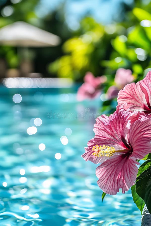 Delicate Pink Hibiscus Flowers on the Background of Blue Pool Water ...