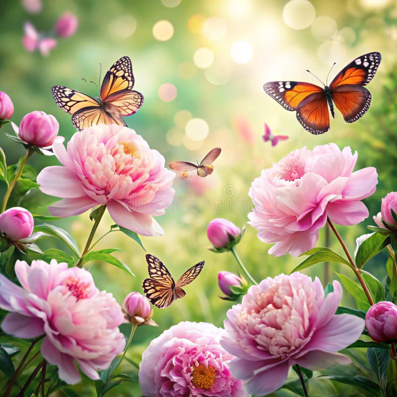 Delicate Pink Peonies and Butterflies in a Lush Garden Setting Stock ...