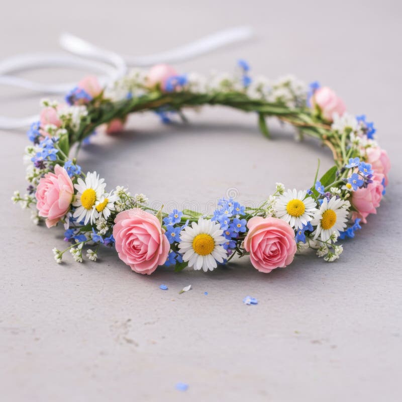 Delicate Pink Rose and Daisy Flower Crown on Gray Background Stock ...