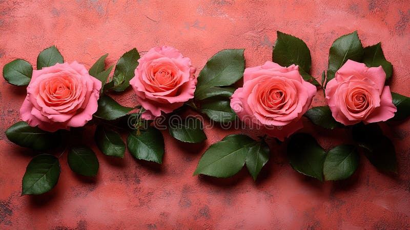 Delicate Pink Roses Arranged in a Horizontal Line on a Textured Coral ...