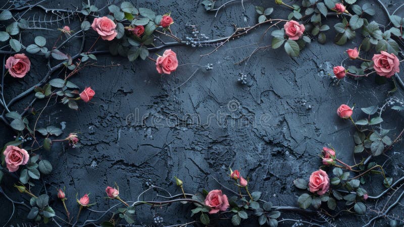 Delicate Pink Roses Framing Dark Textured Background in Elegant ...