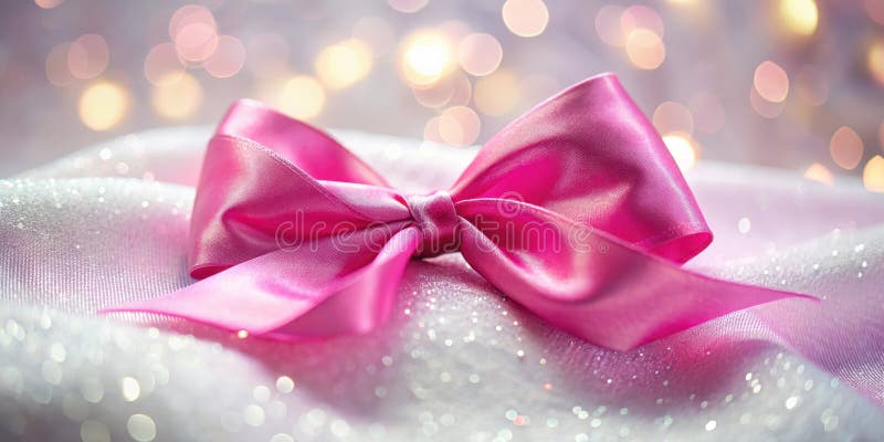 A Delicate Pink Satin Ribbon Bow on a Shimmering, Light-colored Fabric ...