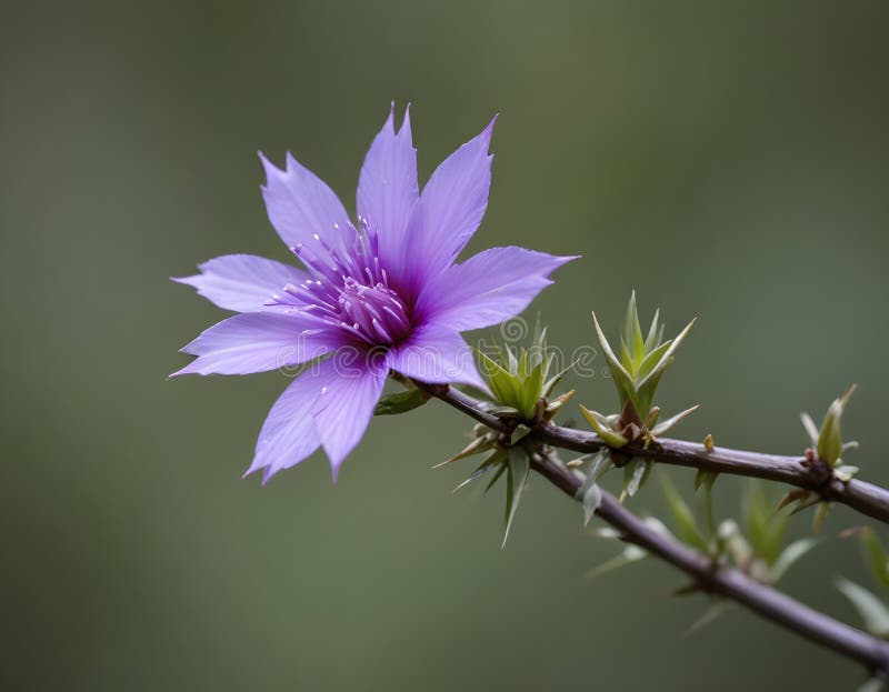 Delicate Purple Flower with Spiky Leaves on a Branch Stock Illustration ...