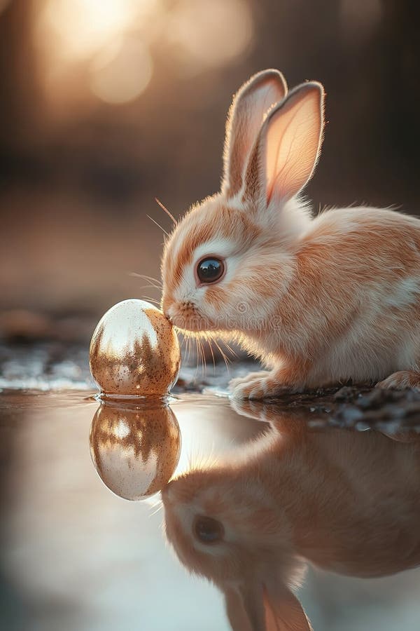 A Delicate Rabbit Observes a Mirror-like Pool of Shimmering Gold. Its ...
